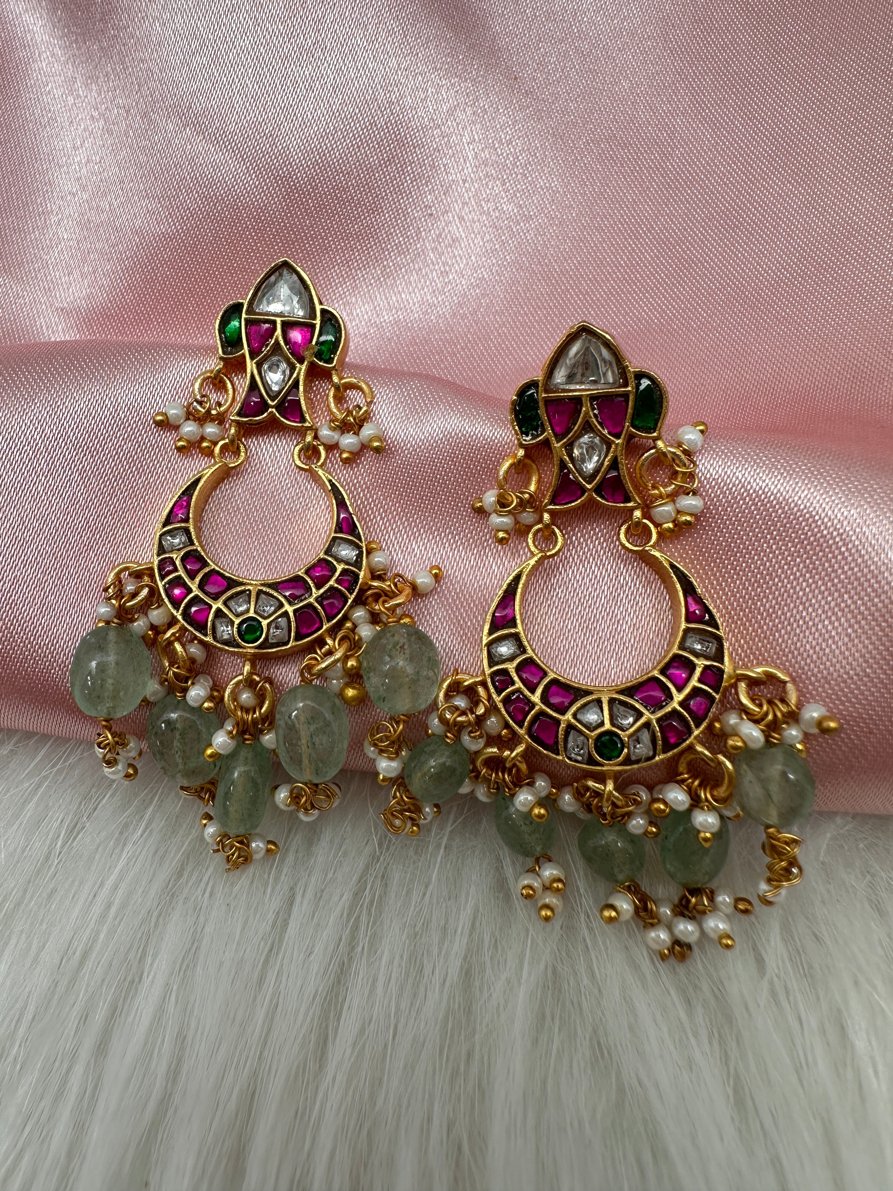 Jadau Kundan Emerald Beads Small Chandballi Earrings Sheetal s FabFashion