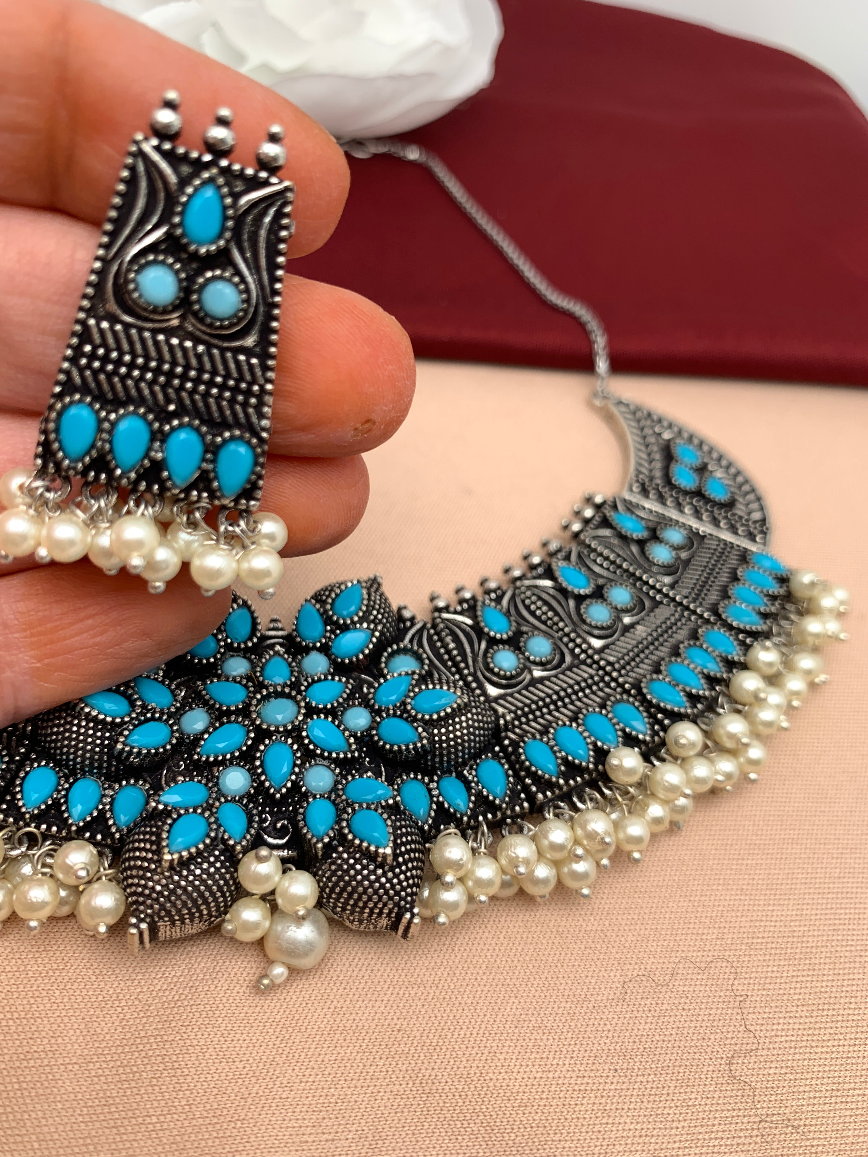 Teal Blue Stone German Silver Choker Necklace Sheetal s FabFashion