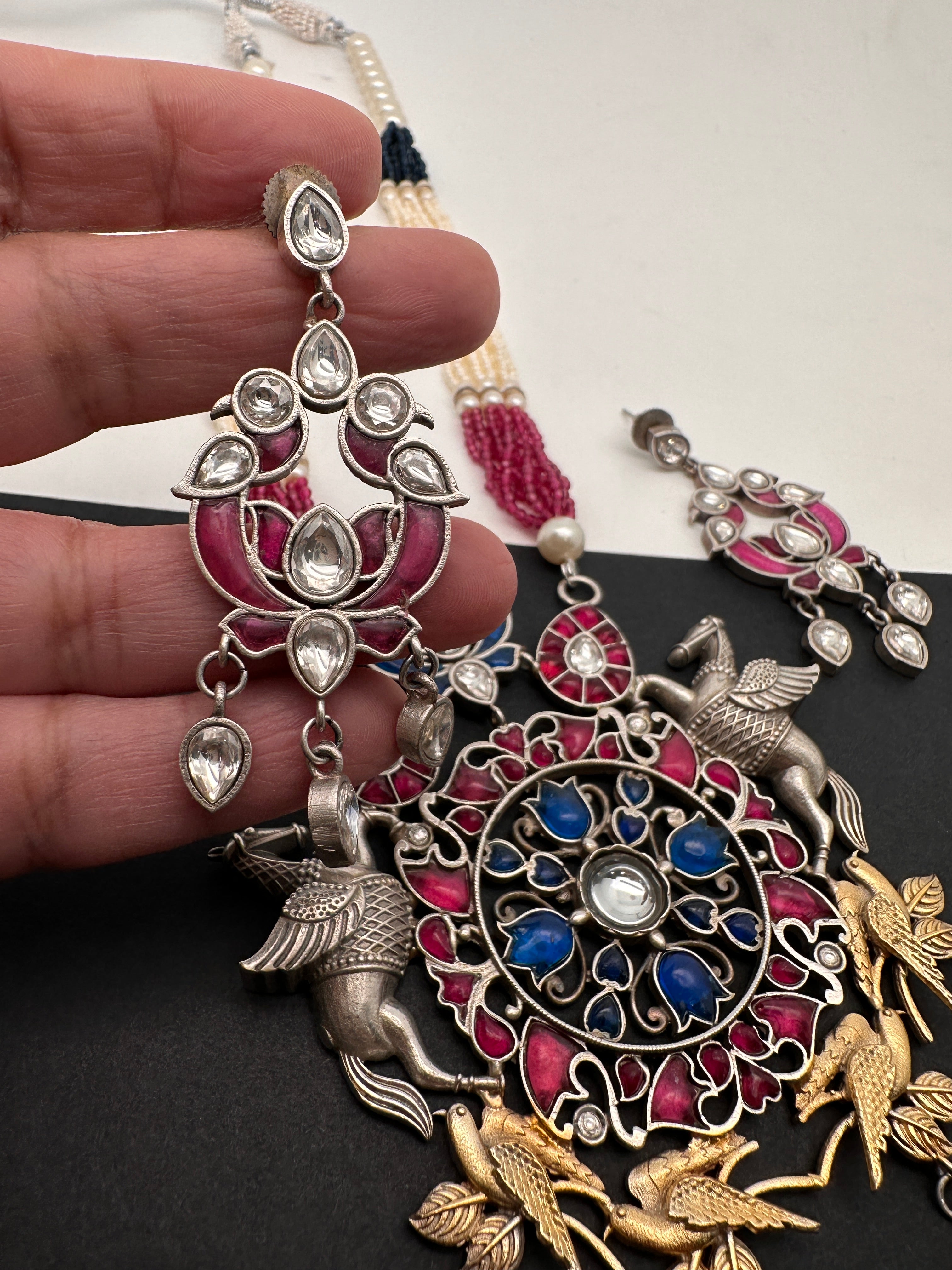 SheetalsFabFashion Kundan German Silver Oxidized Silver Replica Dual Tone Color Stone Pearls Beads Rani Haar Necklace Set Pink