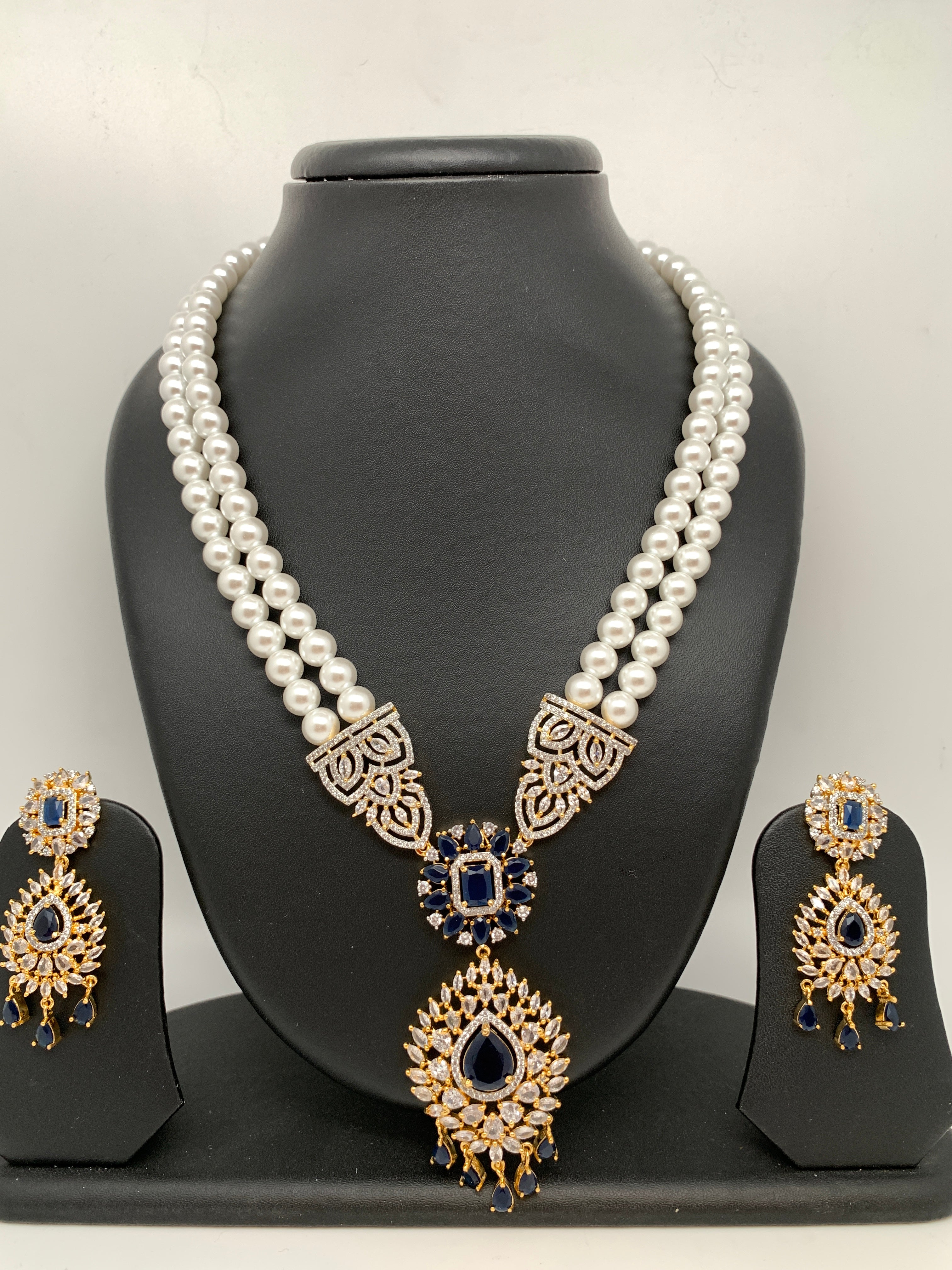 Blue Stone AD Pendent Double Line Shell Pearl Necklace – Sheetal's ...