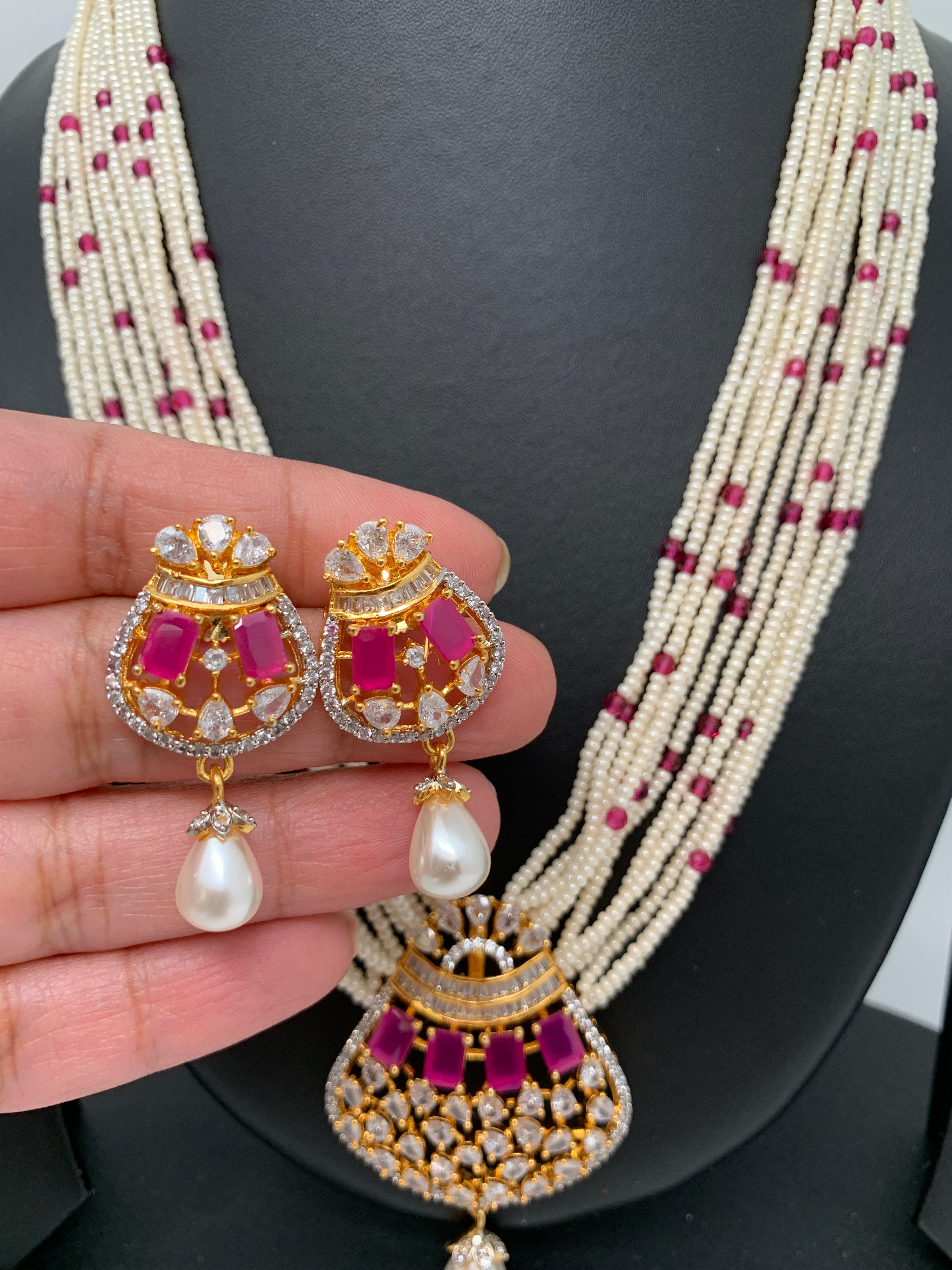 Small Pearl Red Stone AD Pendent Short Necklace Sheetal s FabFashion