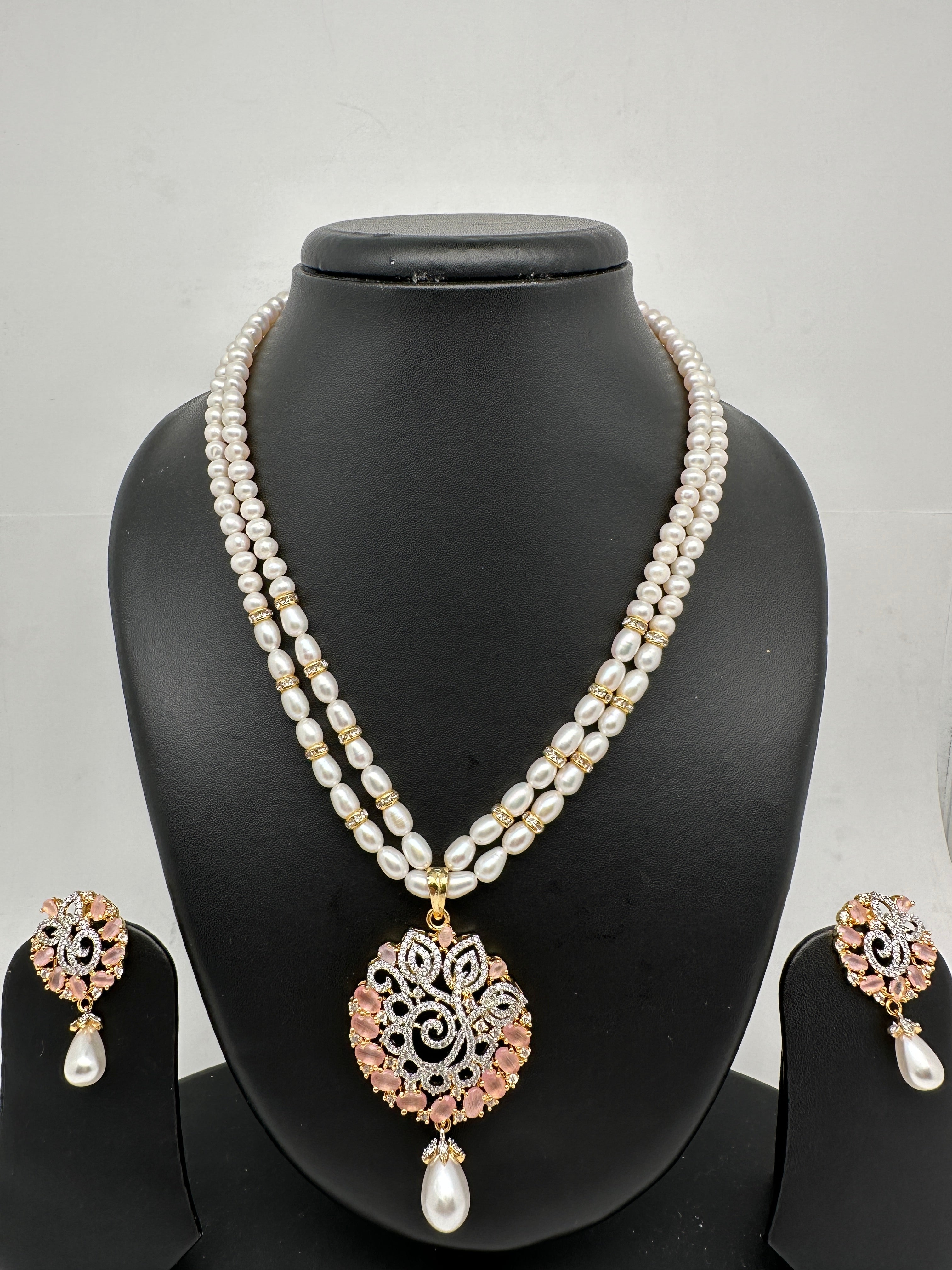 Pink Stone AD Pendent Double Line Real Freshwater Pearls Necklace ...