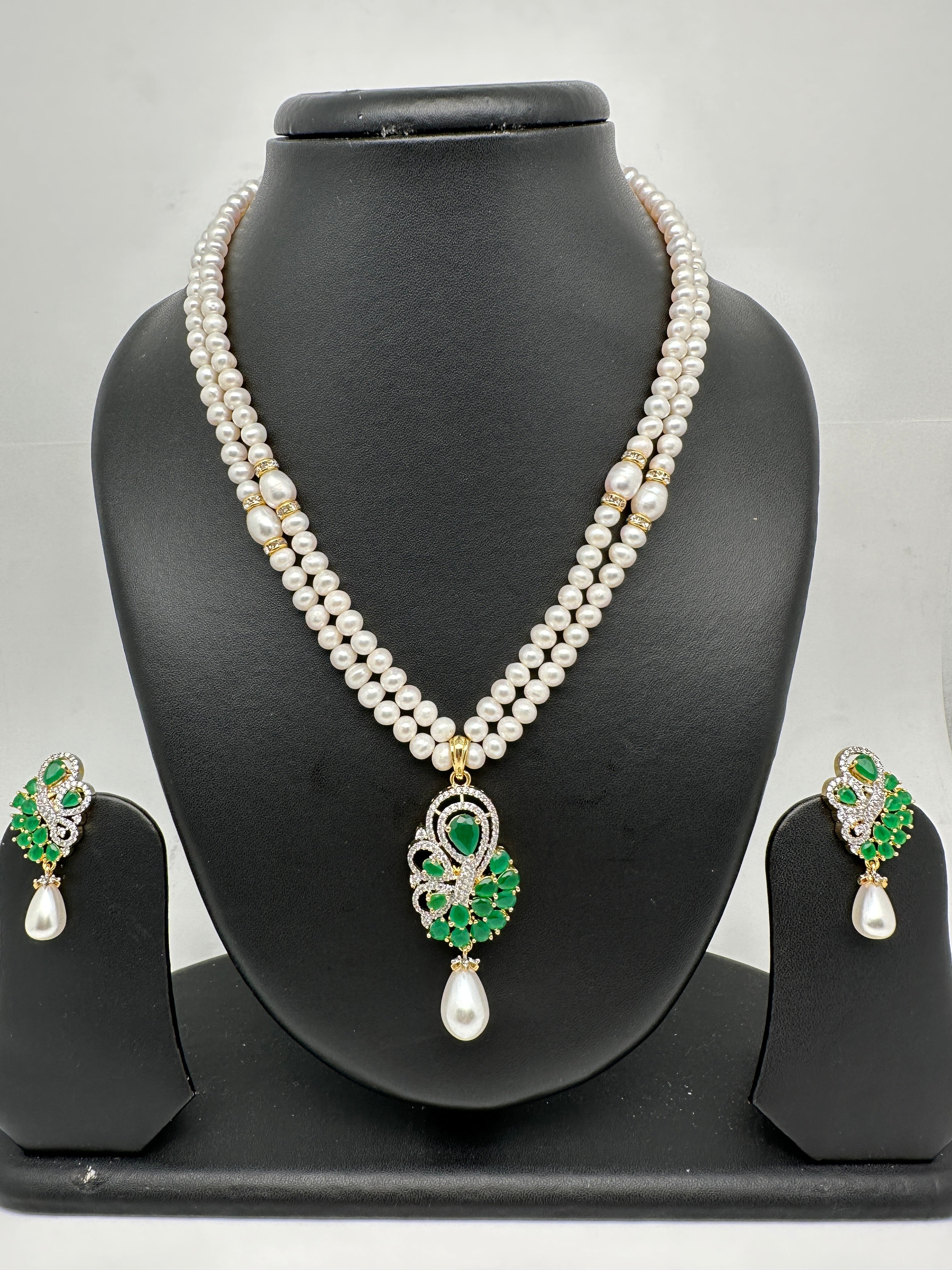 Emerald Green Stone AD Pendent Double Line Real Freshwater Pearls Neck ...
