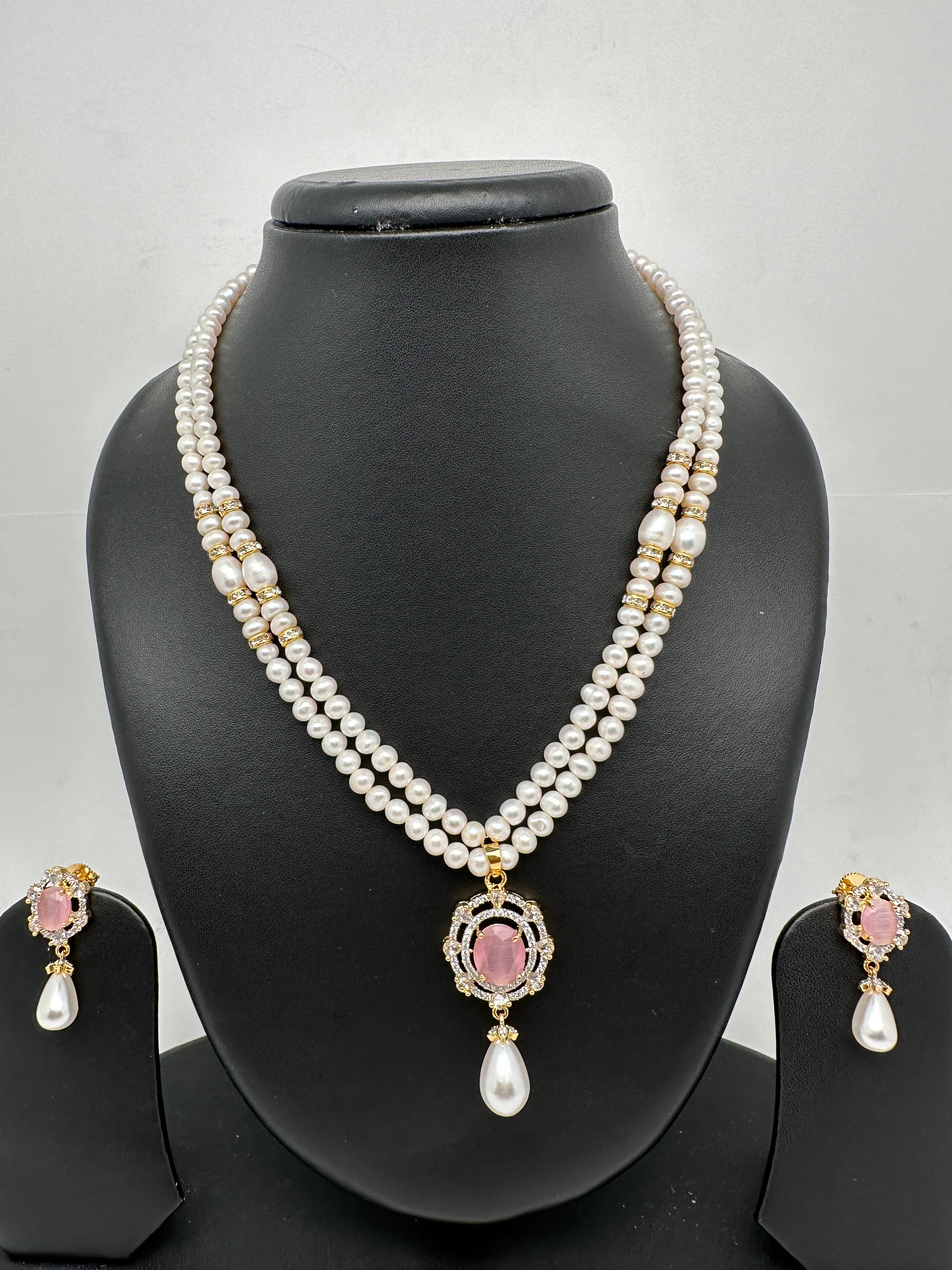 Pink Stone AD Pendent Double Line Real Freshwater Pearls Necklace ...