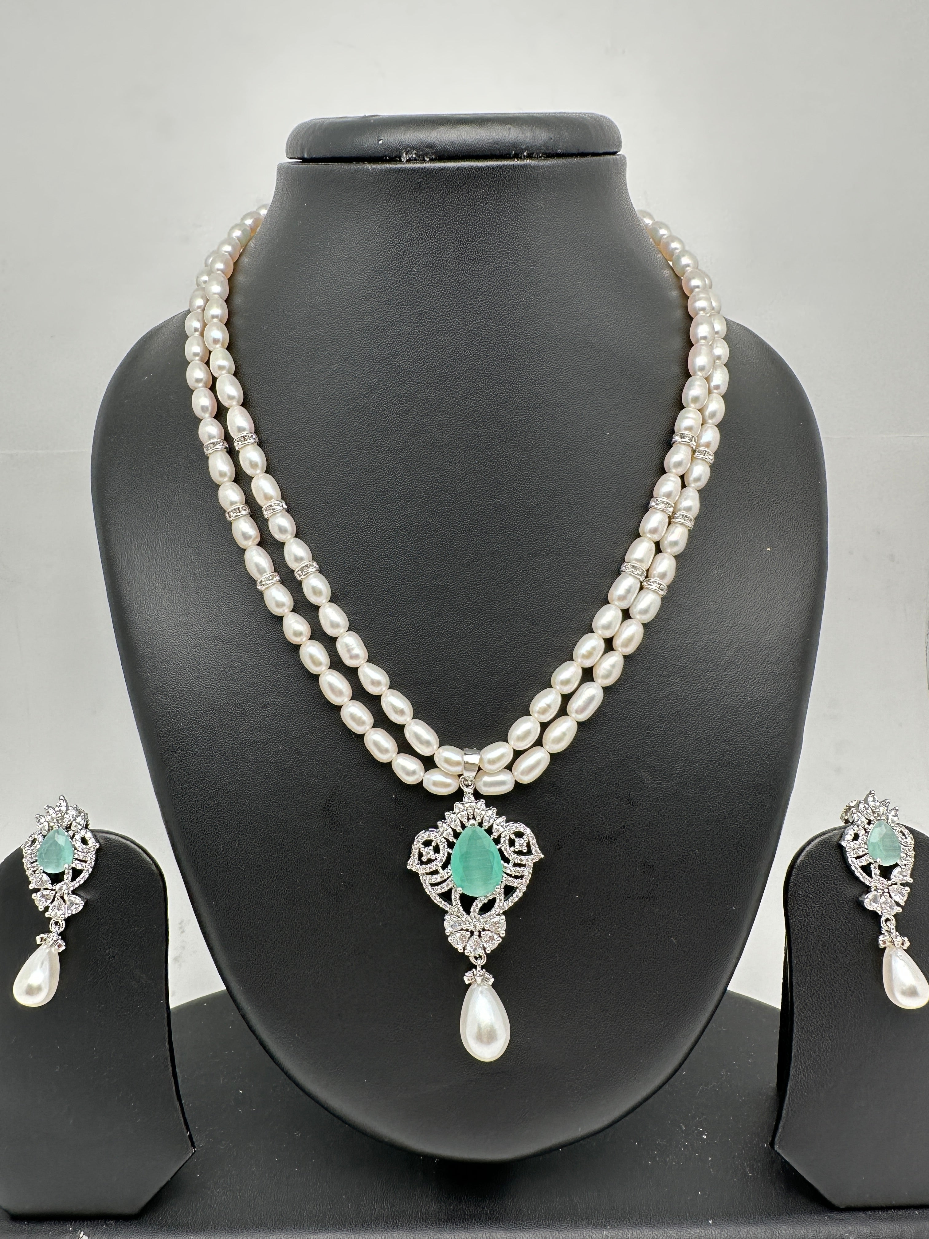 Mint Green Stone AD Pendent Double Line Real Kalagi Freshwater Pearls ...