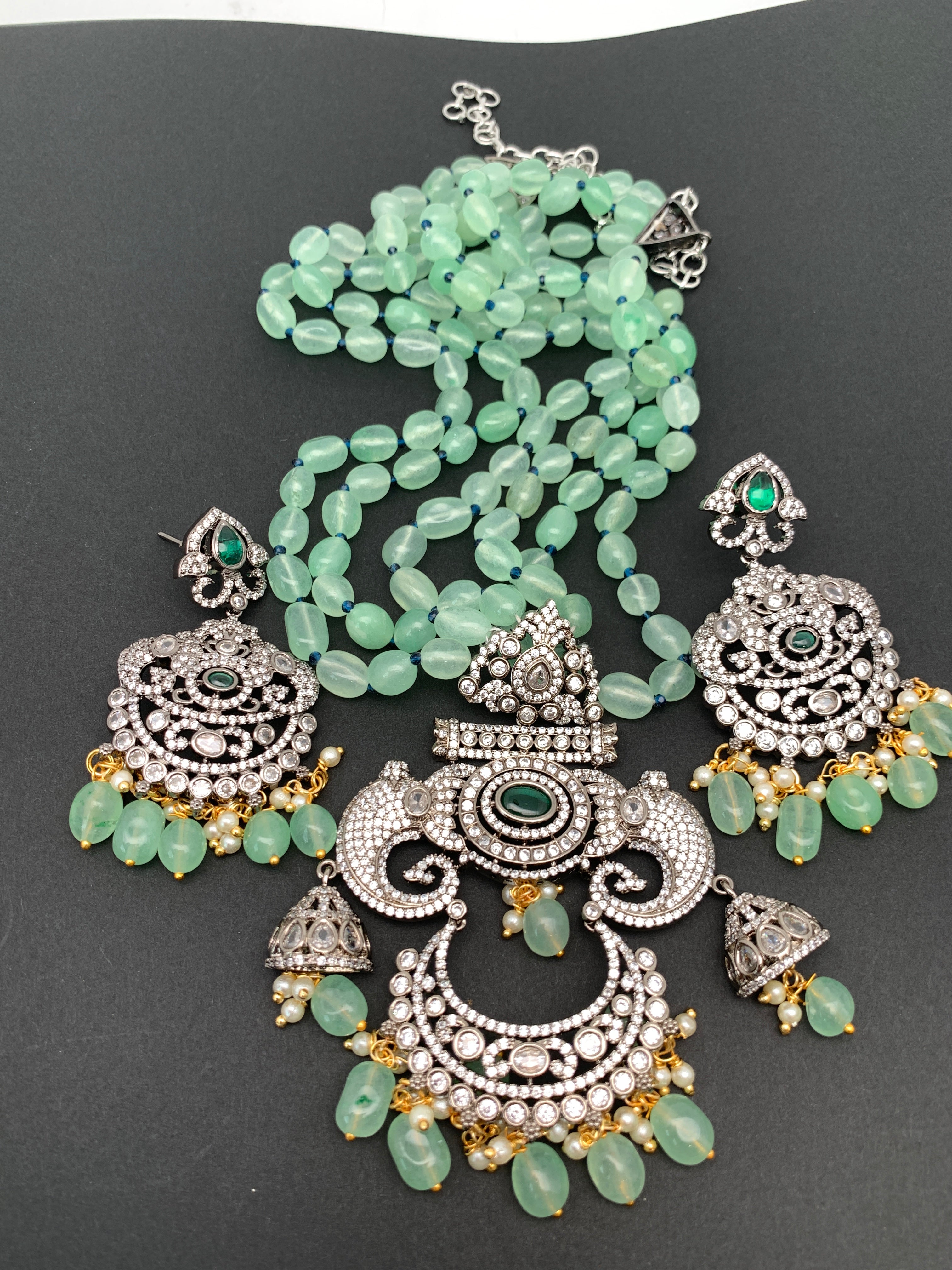 Kundan AD Mint Green Stone Victorian Pendent Mint Green Beads Mala ...