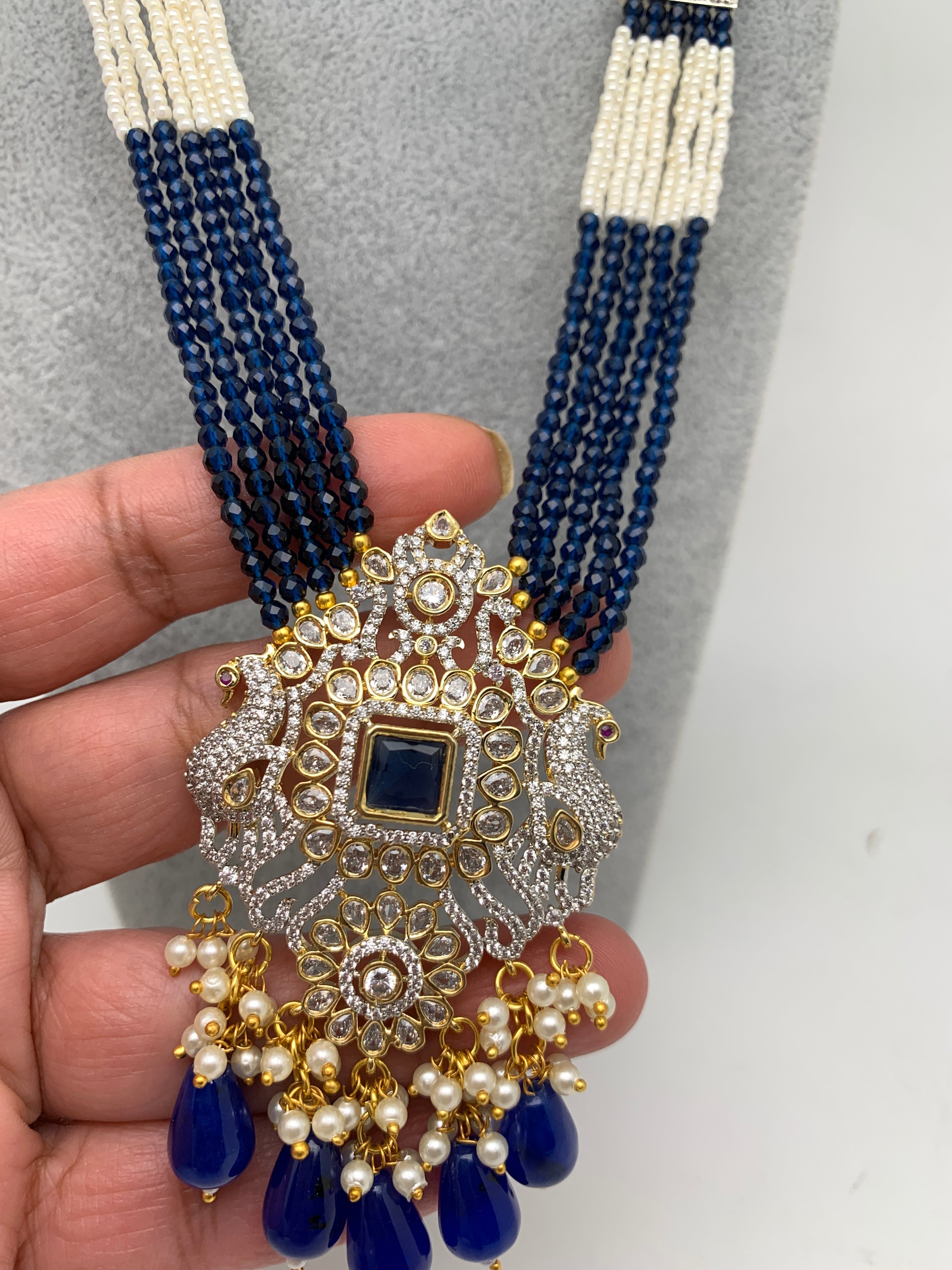 AD Blue Stone Blue Beads Peacock Pendent Blue White Hydro Beads Long M Sheetal s FabFashion